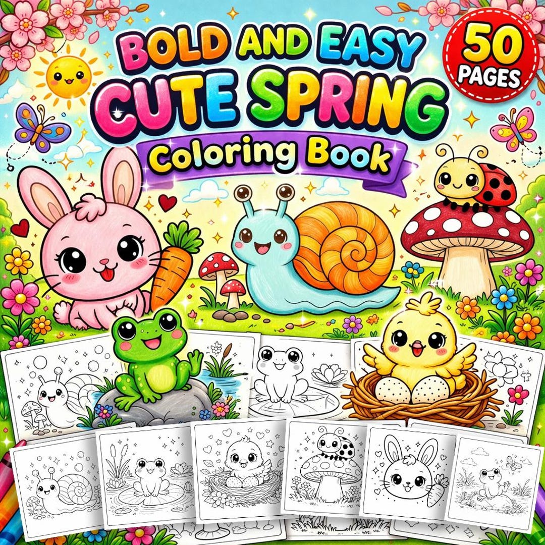 Bold and Easy Cute Spring Coloring Book 50 Pages, Adorable Animal ...