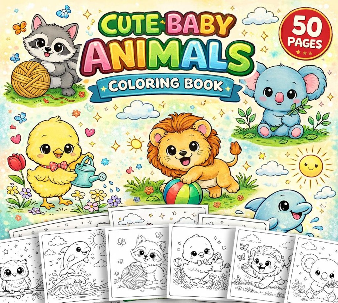 Cute Baby Animals Coloring Book, Kawaii Baby Animals Printable Activity ...