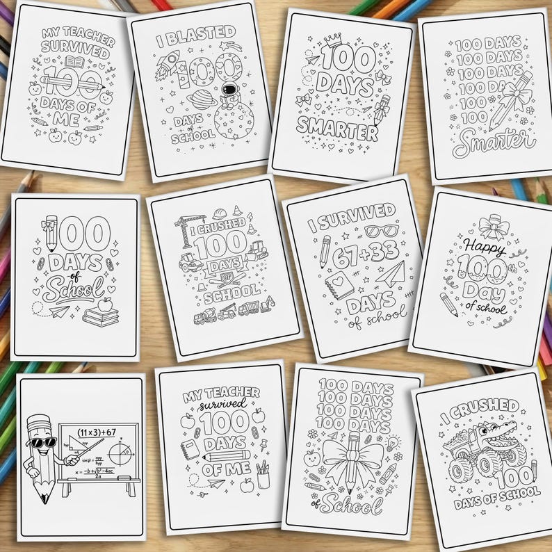 100 Days of School Coloring Page Set - 100 Days Class Activity - 100 ...