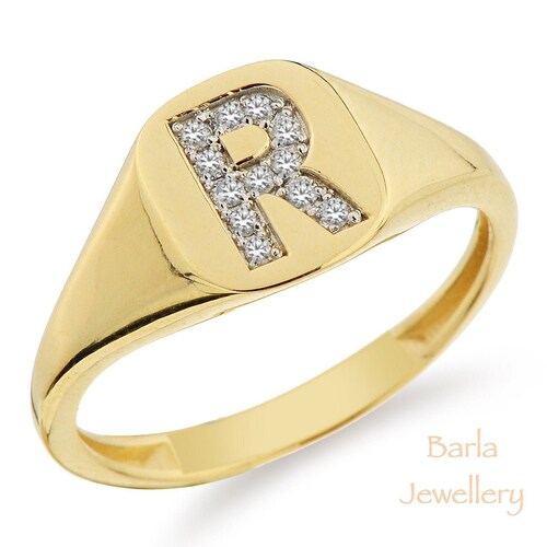 14k Gold Diamond Signet Initial Ring Diamond Initial Ring - Etsy