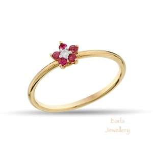Ruby Flower Ring, 14k Diamond Minimalist Flower Ring, Dainty Flower Cluster Ring, Tiny Diamond ...