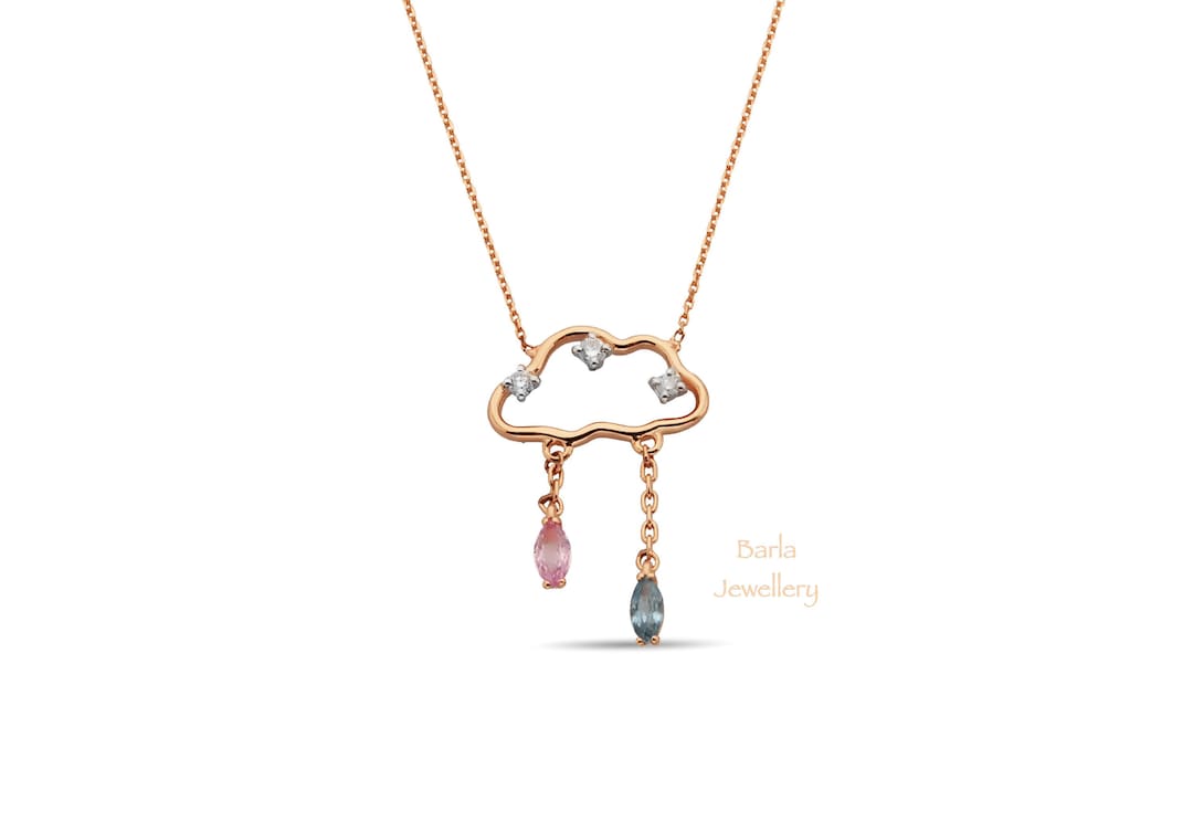 14k Rose Gold Cloud Diamond Necklace: Pink & Aqua Sapphire Raindrops - Etsy