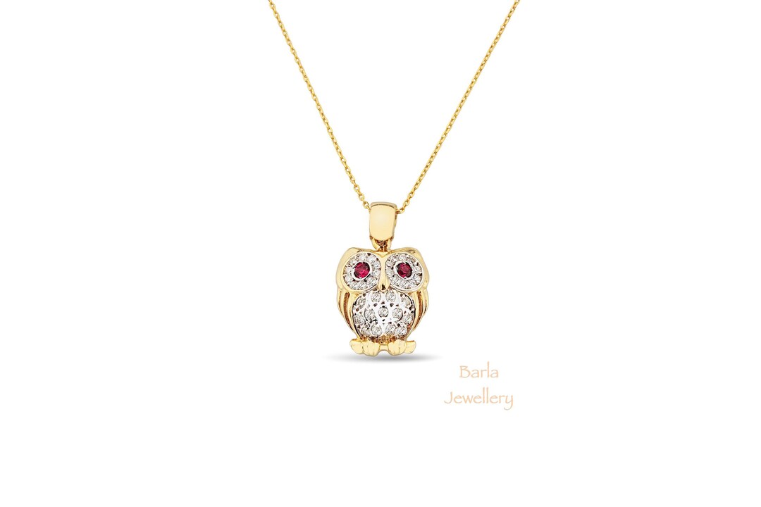 Diamond Owl Necklace, 14k Gold Necklace, Ruby Eyed Owl Necklace, Solid ...