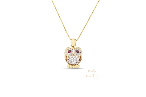 Diamond Owl Necklace 14k Gold Necklace Ruby Eyed Owl - Etsy