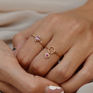 Ruby and Diamond Ring, Stackable Ring in 14k Gold, Dangle Diamond Ring ...