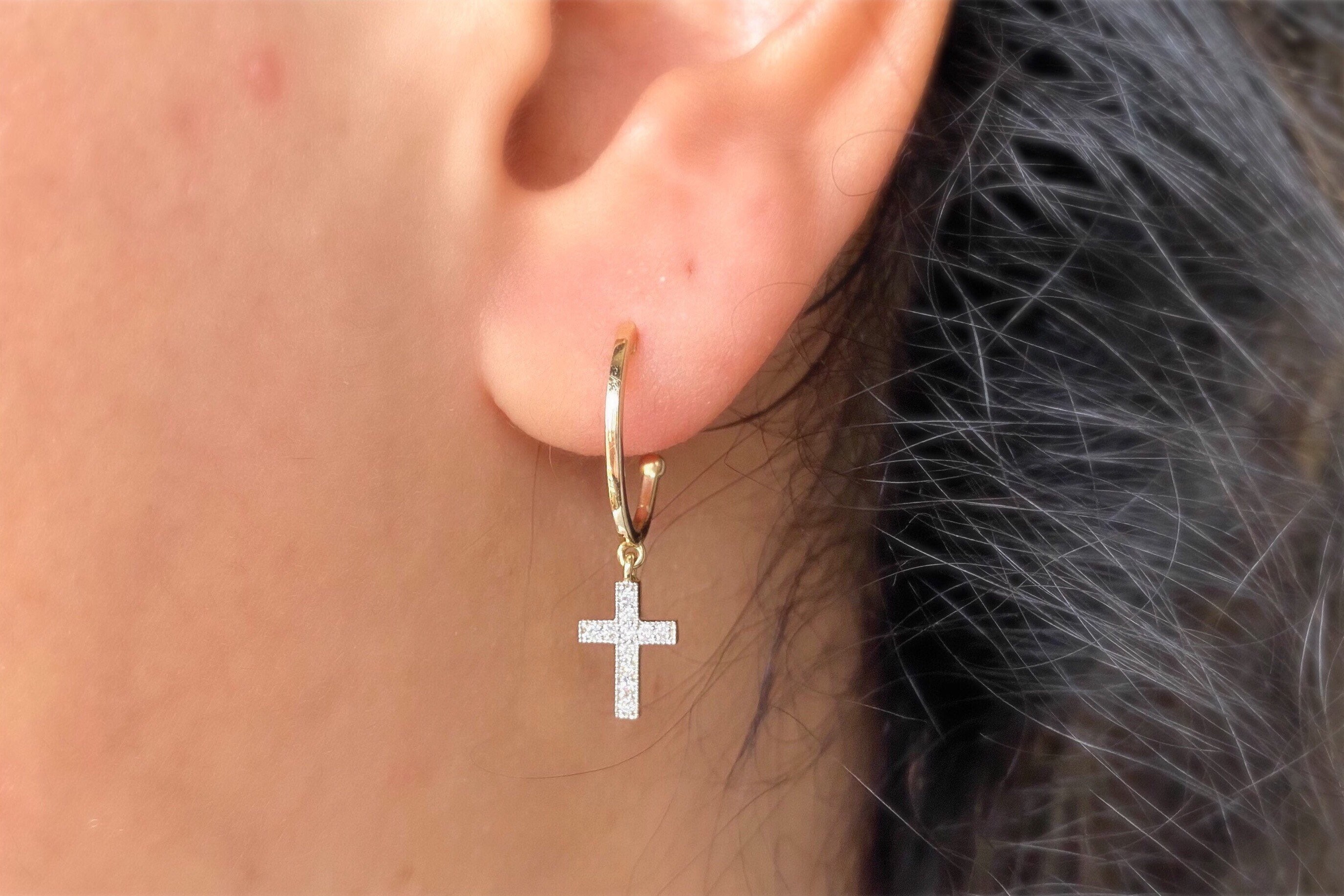 14k Dangling Cross Earrings Diamond Cross Hoop Earrings Gold - Etsy UK