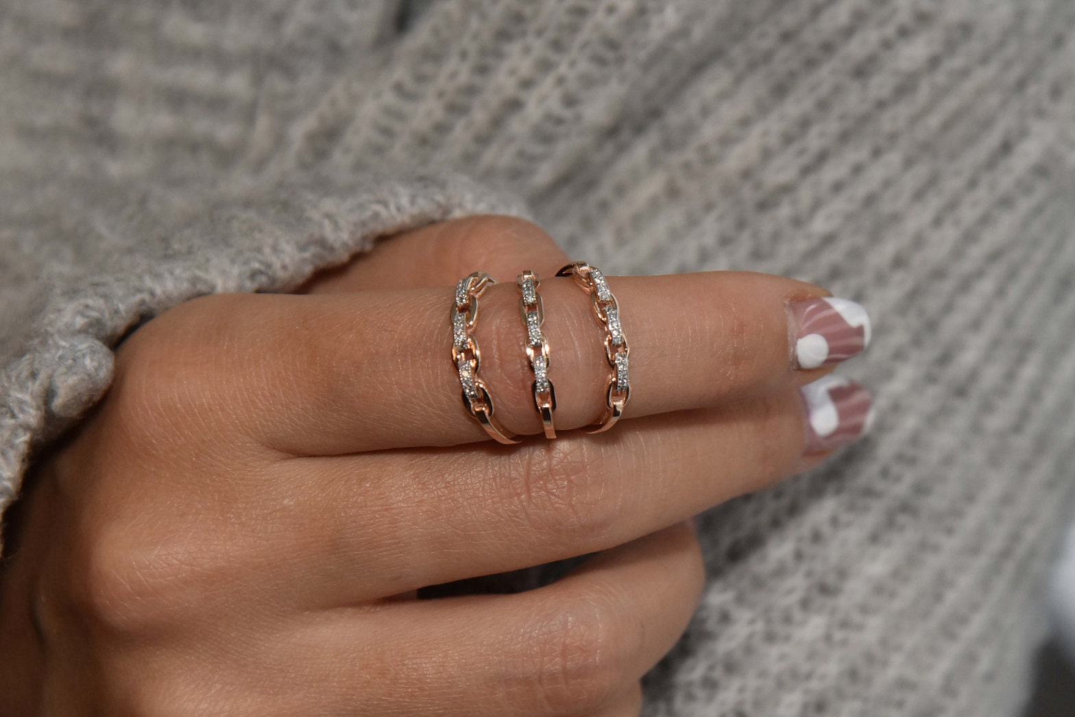 14k Chain Ring Chain Style Rose Gold Diamond Band Wedding - Etsy