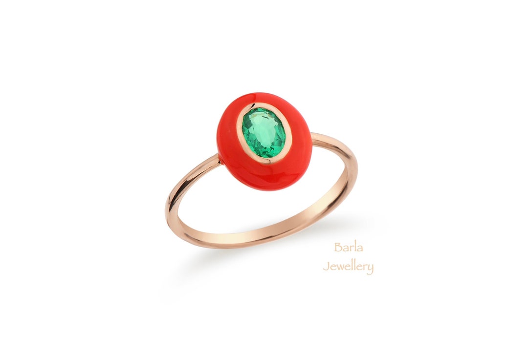 Orange Enamel Ring, 14k Emerald and Enamel Ring, Colorful Summer Ring ...