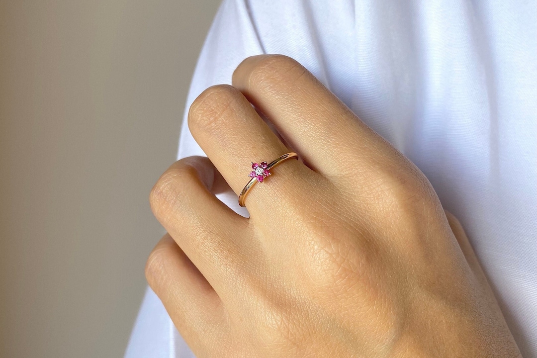Ruby Flower Ring, 14k Diamond Minimalist Flower Ring, Dainty Flower Cluster Ring, Tiny Diamond ...
