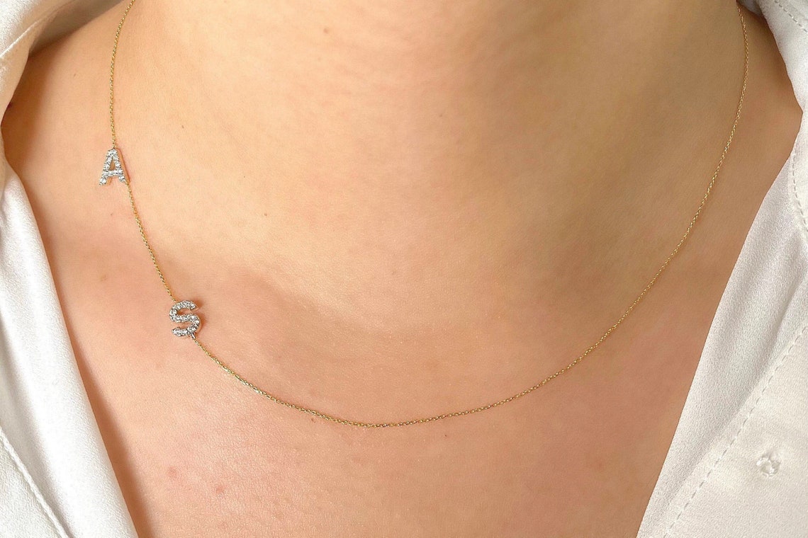 Double Diamond Letter Necklace 14k Gold Initial Necklace | Etsy