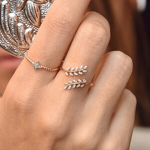 Diamond Open Leaf Ring, 14k Diamond Leaf Ring, Minimalist Open Ring ...