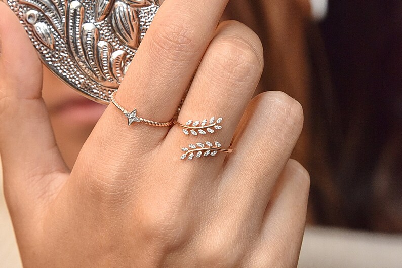Diamond Open Leaf Ring 14k Diamond Leaf Ring Minimalist Open | Etsy