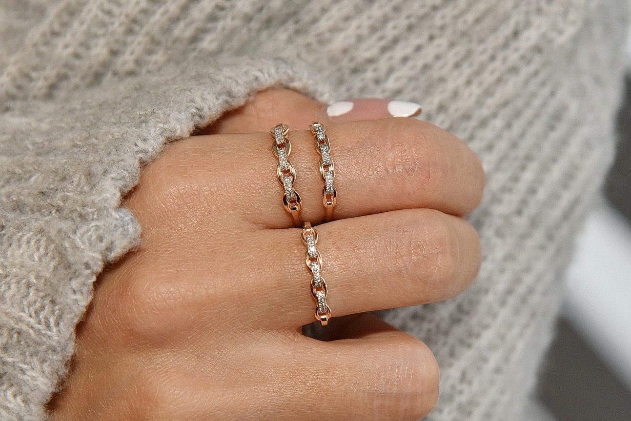 14k Chain Ring Chain Style Rose Gold Diamond Band Wedding - Etsy