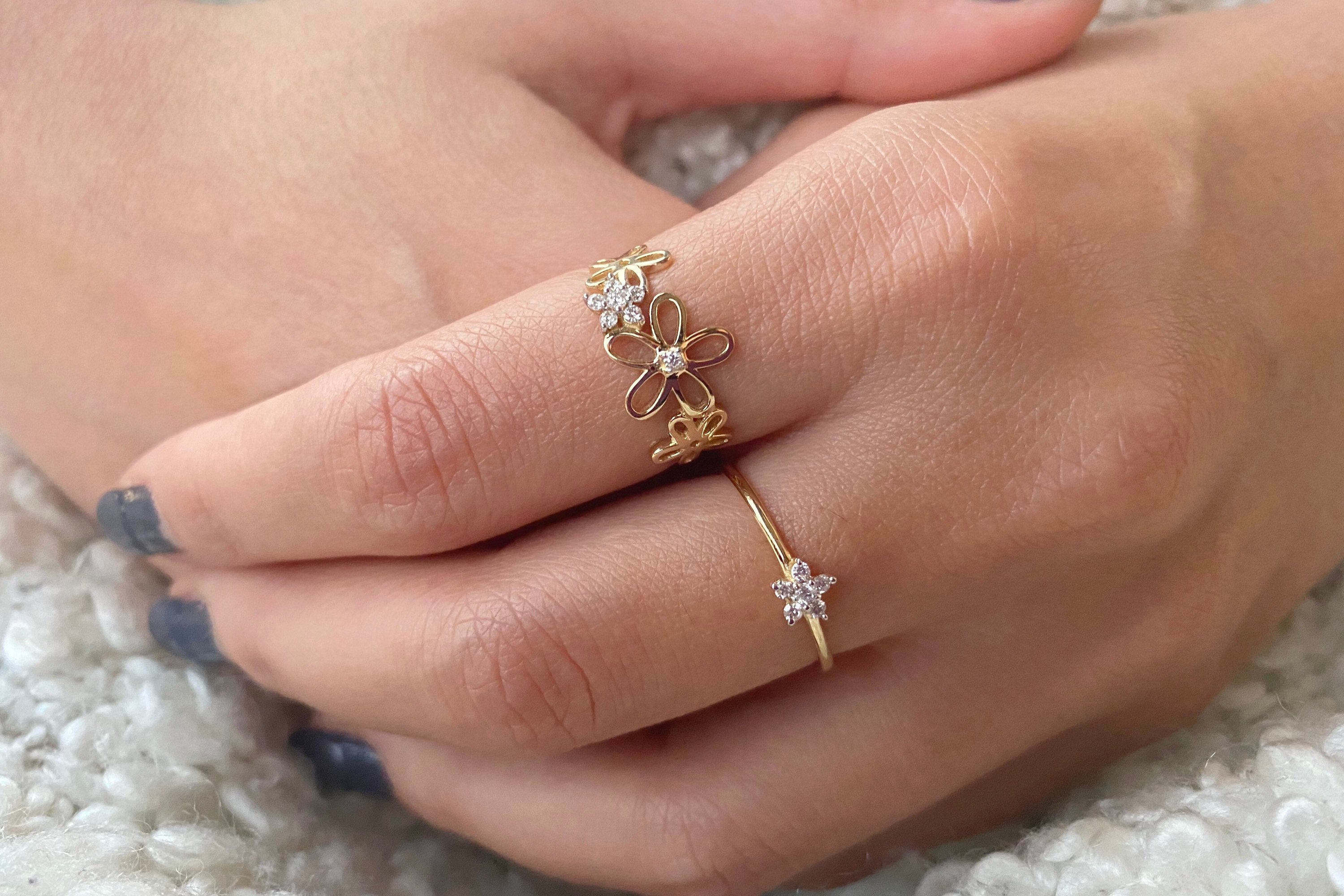 Diamond Flower Ring 14k Gold Minimalist Flower Ring Dainty - Etsy