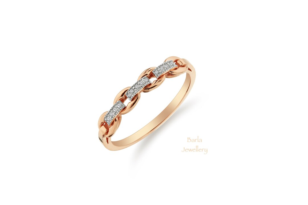 14k Chain Ring, Chain Style Rose Gold Diamond Band, Wedding Diamond ...