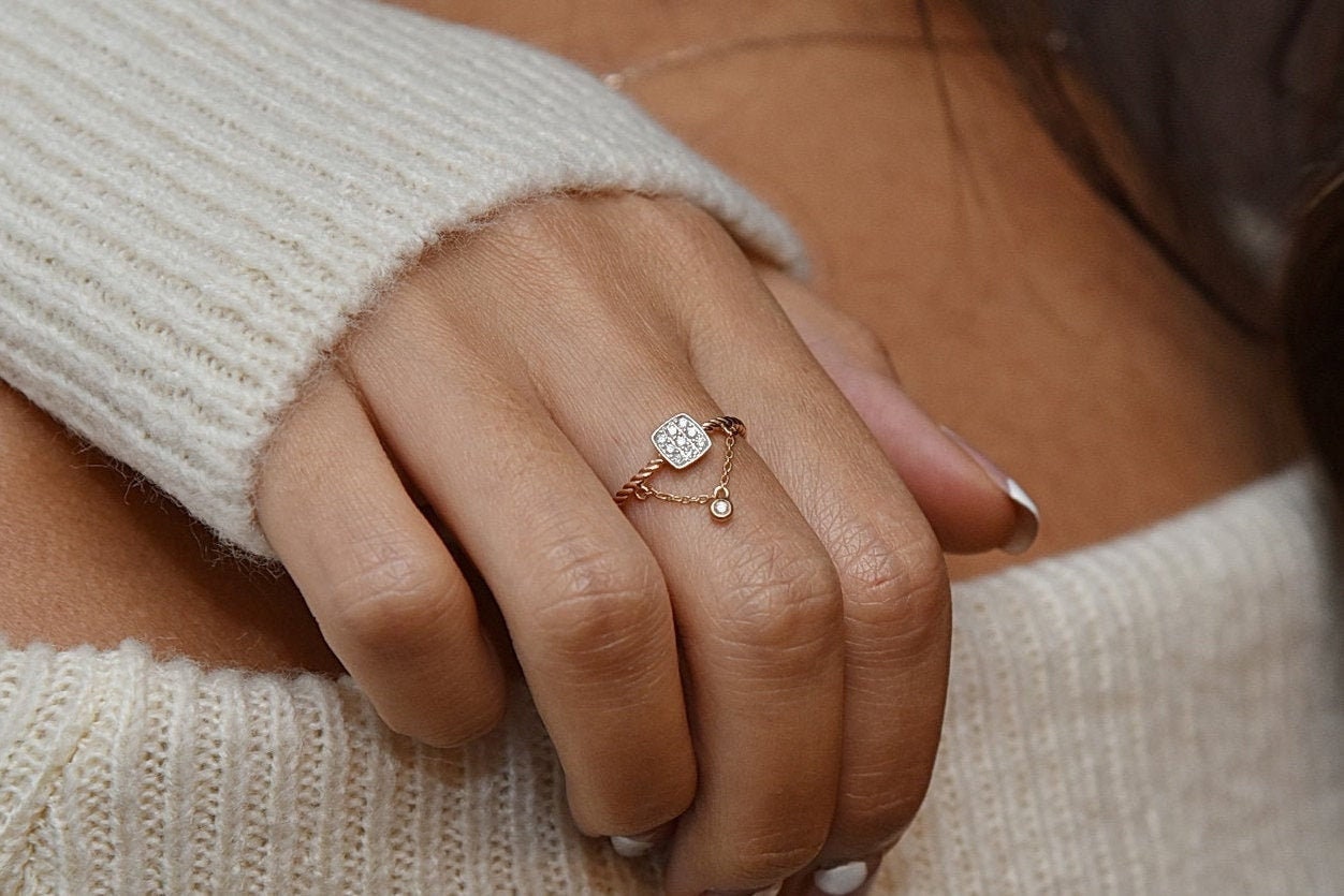 Diamond Dangle Ring Rose Gold Ring 14k Gold Dangle Diamond - Etsy