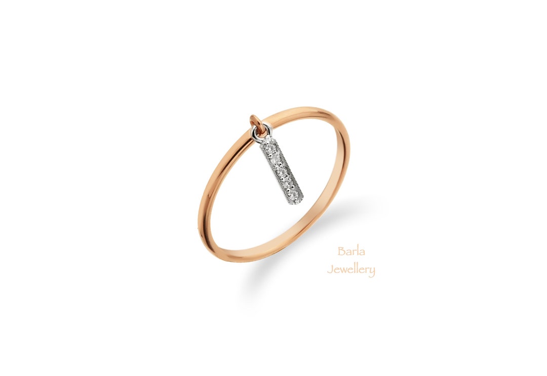 14k Rose Gold Diamond Dangle Ring, Tiny Charm Dangle Ring, Minimalist ...