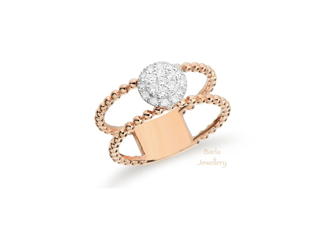 14k Gold Diamond Pave Ring: Beaded Double Band Engagement Ring - Etsy