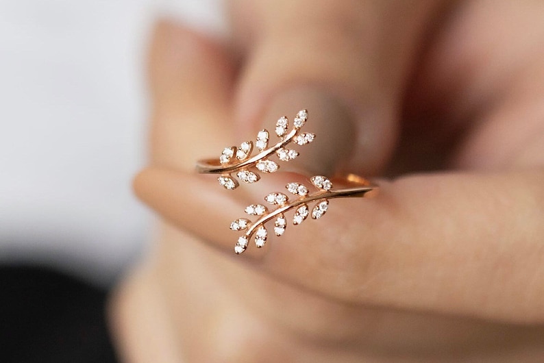 Diamond Open Leaf Ring 14k Diamond Leaf Ring Minimalist Open | Etsy