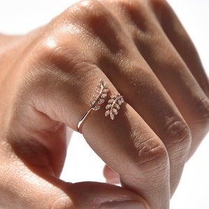 Diamond Open Leaf Ring, 14k Diamond Leaf Ring, Minimalist Open Ring ...