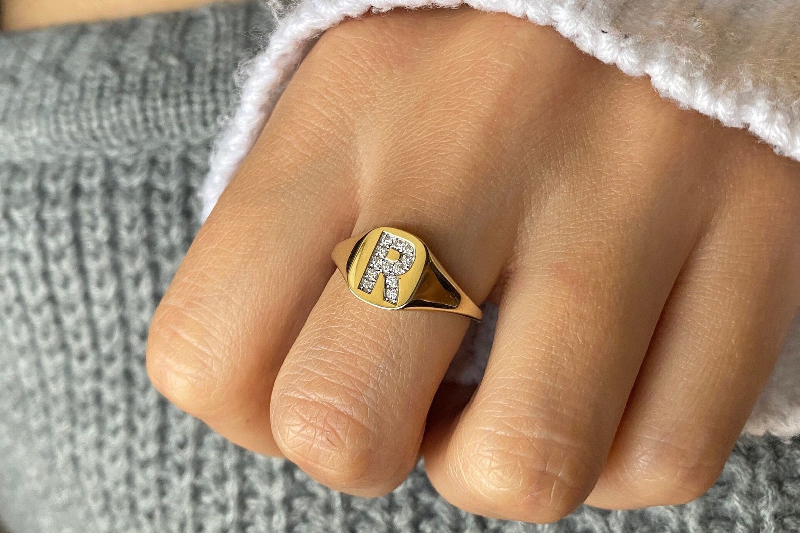 14k Gold Diamond Signet Initial Ring Diamond Initial Ring - Etsy