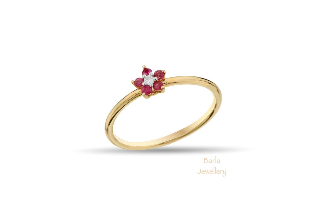 Ruby Flower Ring, 14k Diamond Minimalist Flower Ring, Dainty Flower Cluster Ring, Tiny Diamond ...