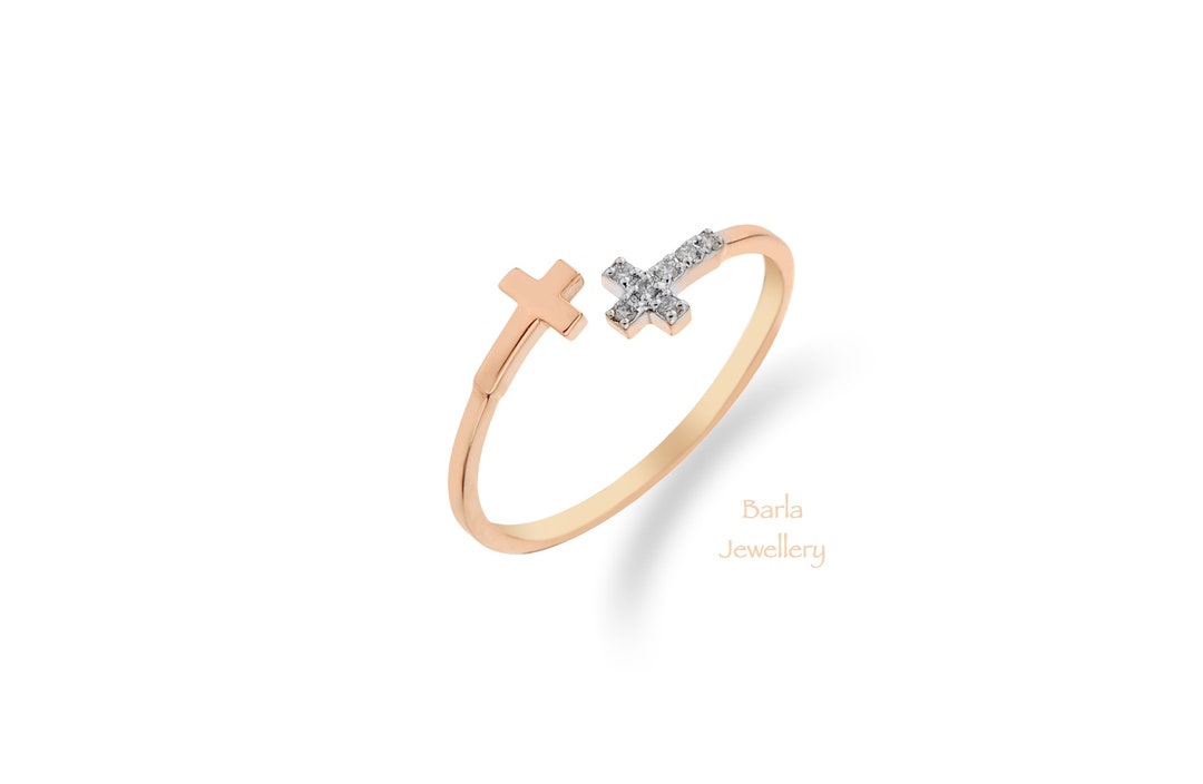 14k Rose Gold Diamond Open Cross Ring: Religious Stackable Ring - Etsy