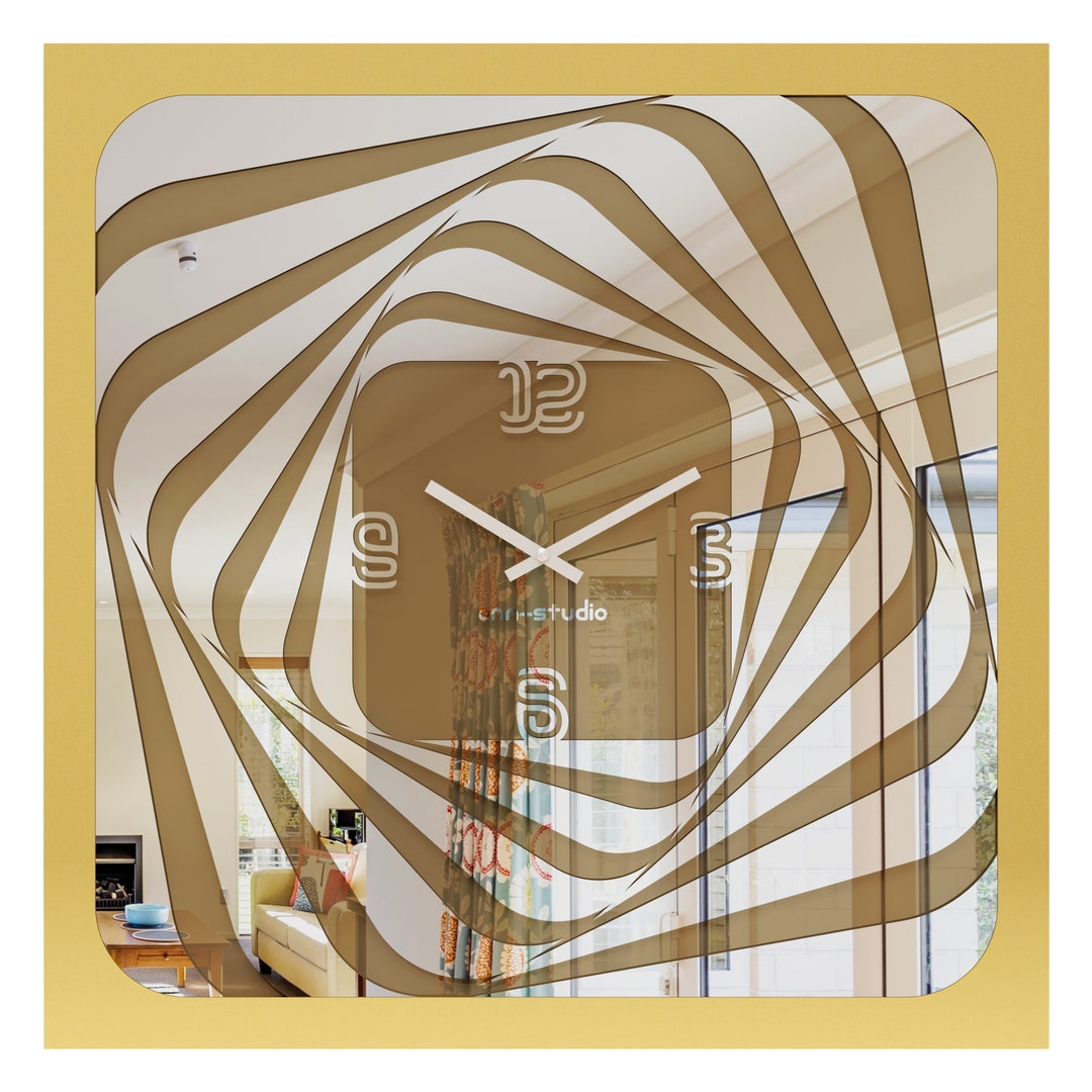 Square Wall Clock, Gold Black Frame Clock, Hypnotic 3D Clock, Modern ...