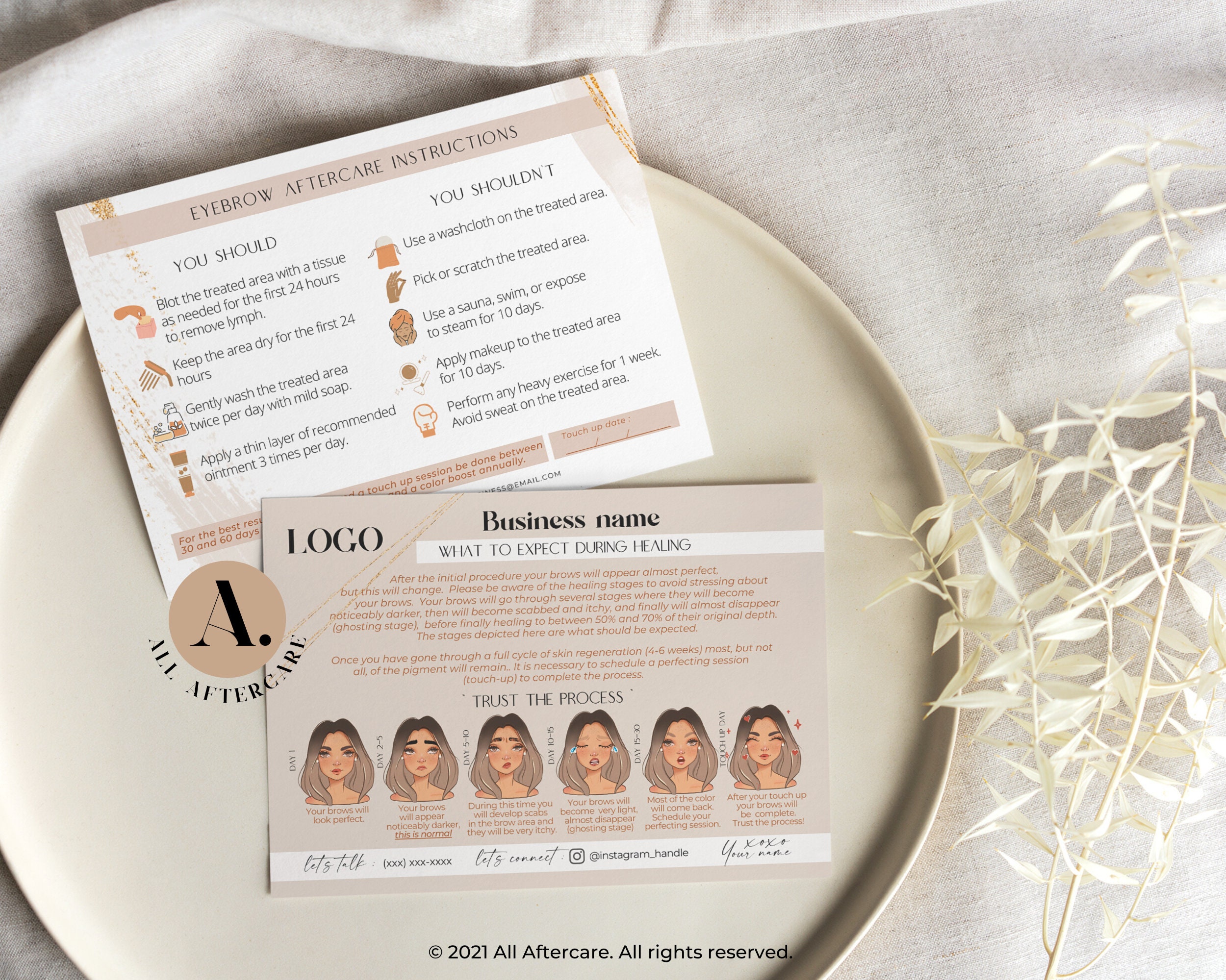 Editable Eyebrow Aftercare Cards, Includes 6 X 4 and 7 X 5 Designs,nude ...