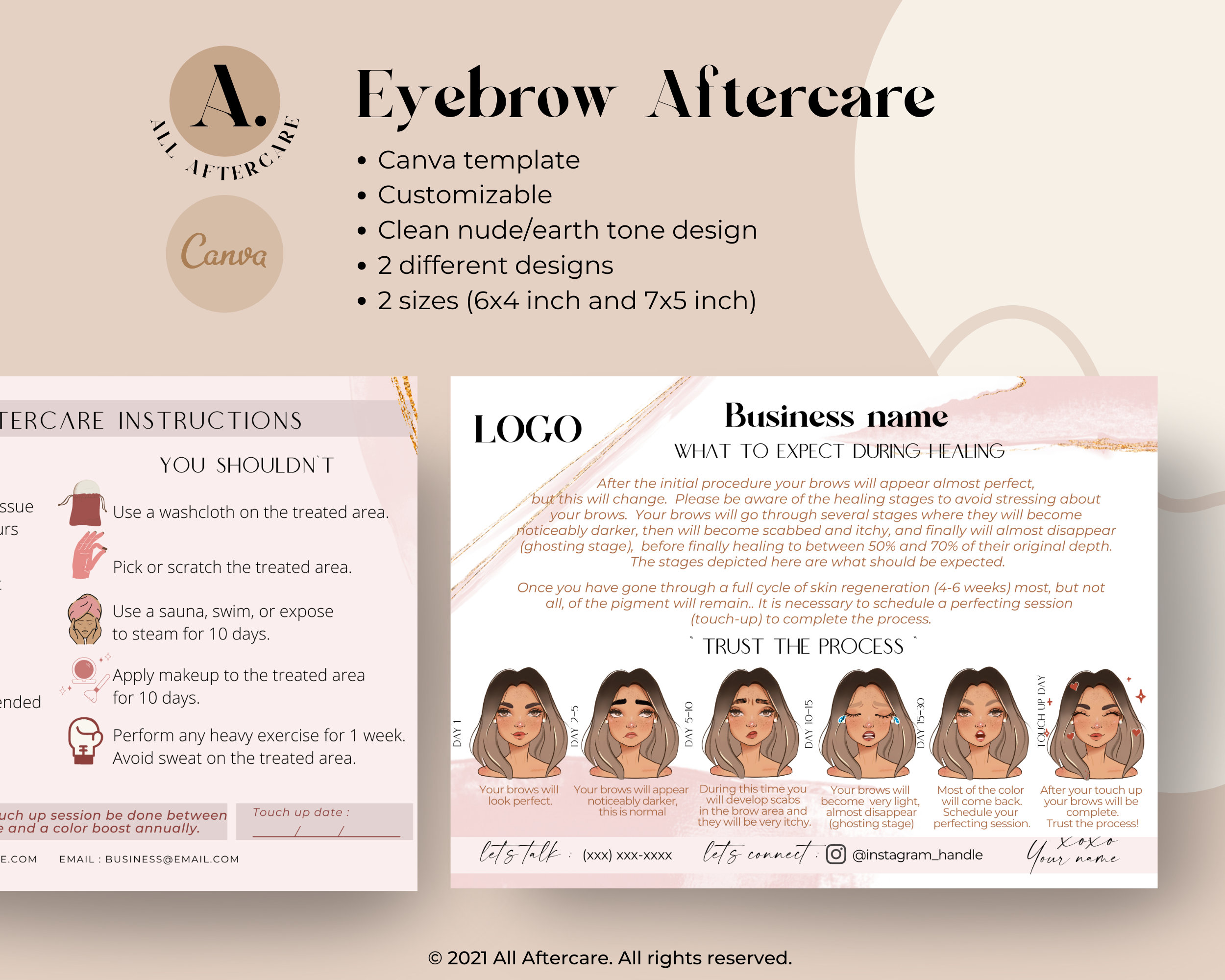 Editable Eyebrow Aftercare Cards, Includes 6 X 4 and 7 X 5 Designs ...
