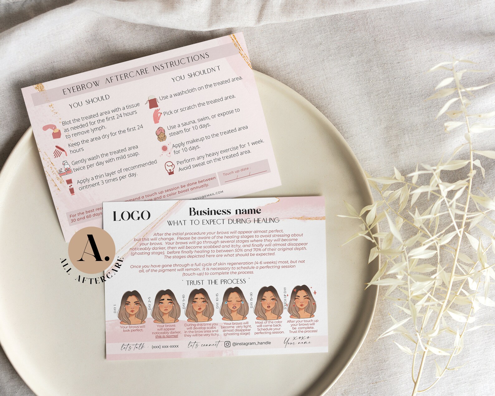Editable Eyebrow Aftercare Cards, Includes 6 X 4 and 7 X 5 Designs ...