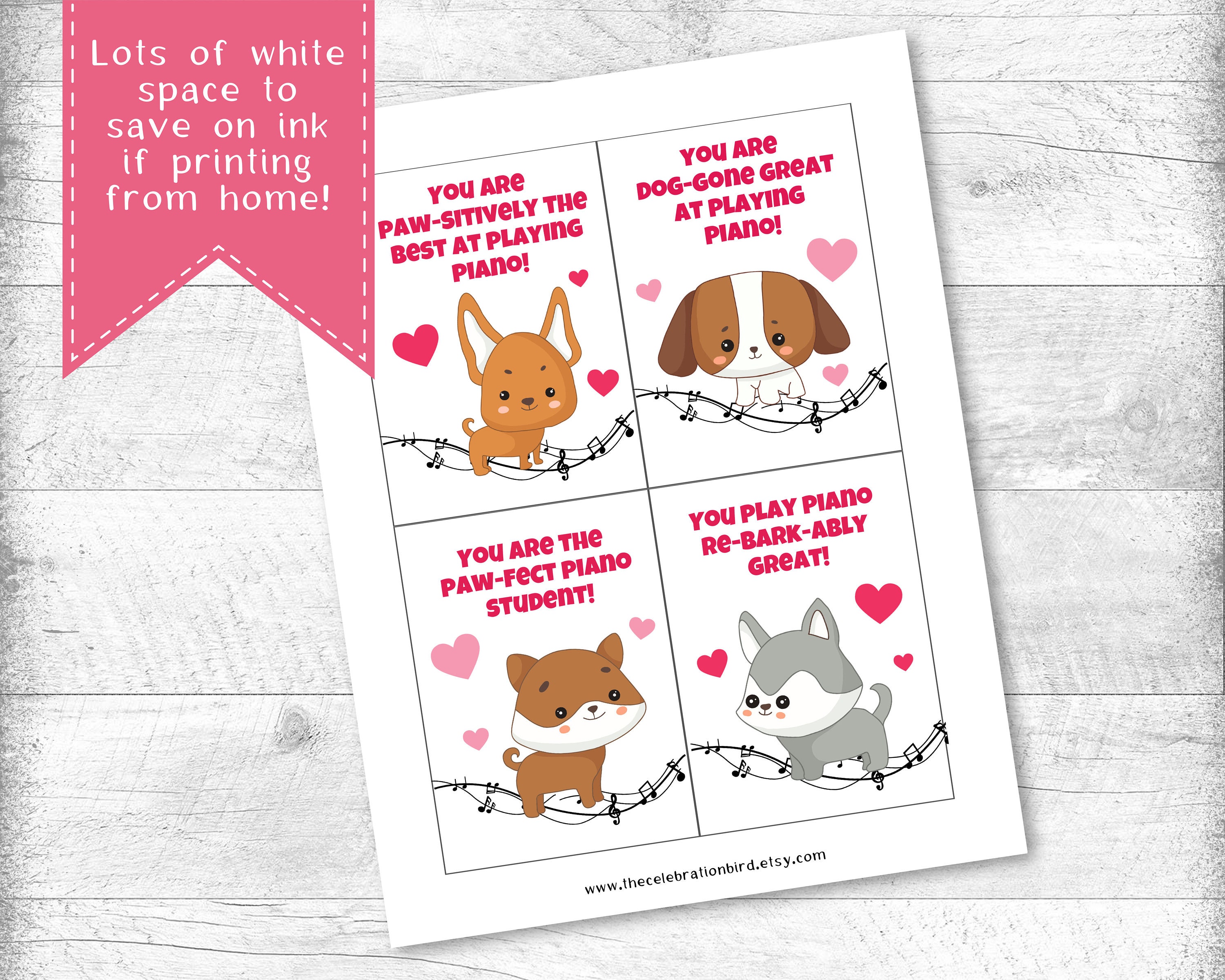 Dog Valentine Cards for Piano Students, Printable Valentines Card ...