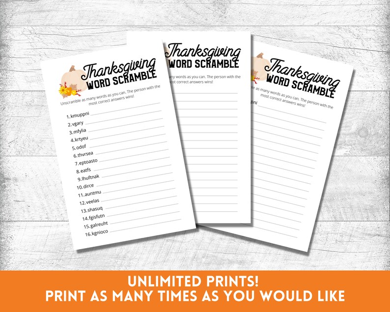 Thanksgiving Word Scramble, Thanksgiving Party Game, Thanksgiving Games ...
