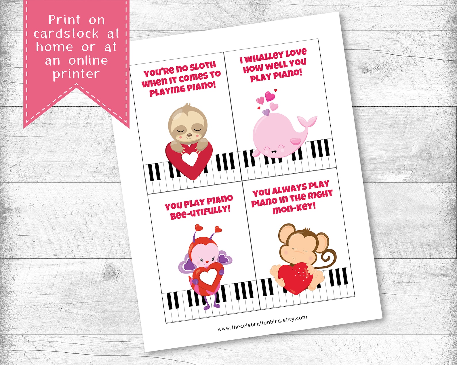 Animal Valentine Cards for Piano Students, Printable Valentines Card ...
