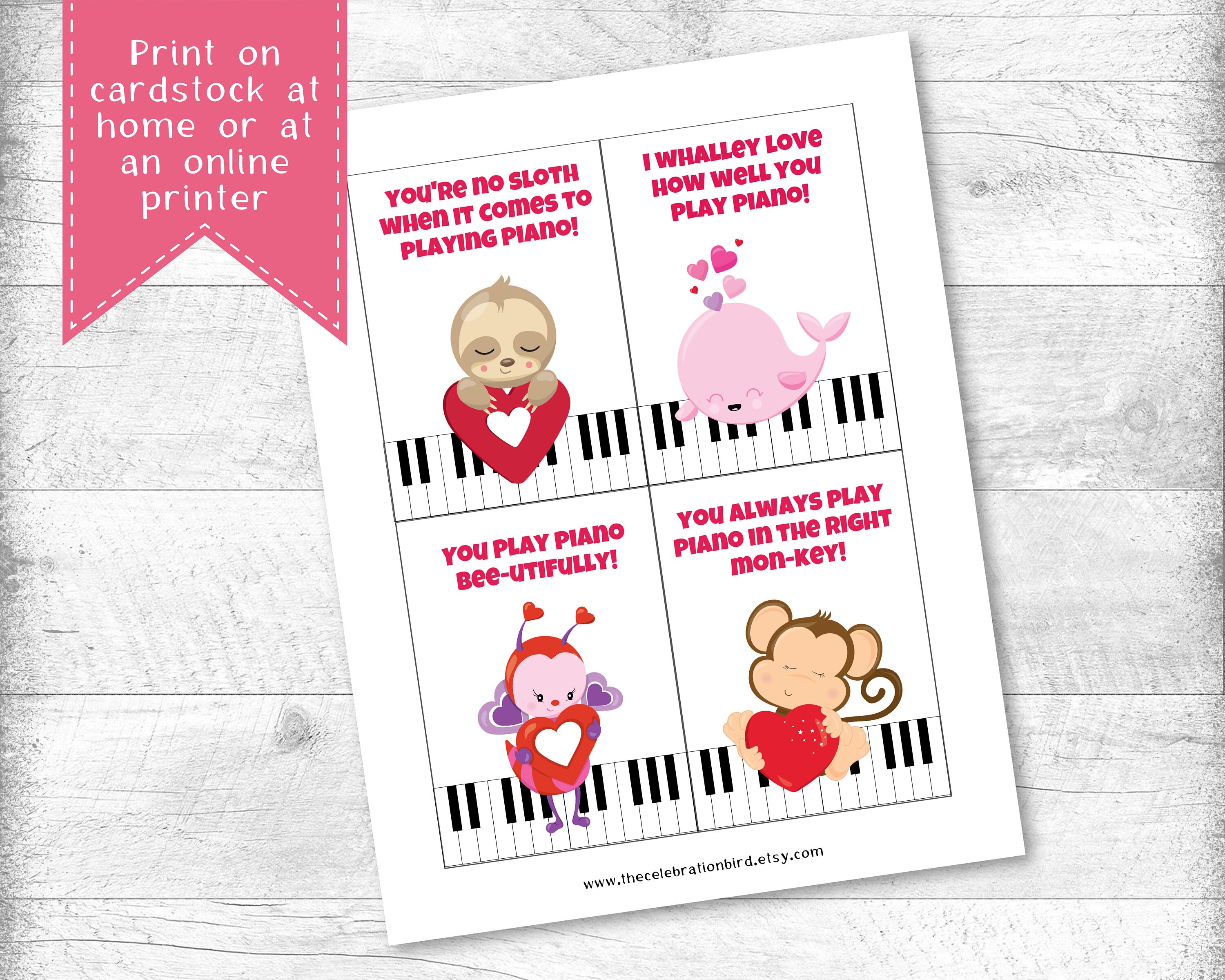 Animal Valentine Cards for Piano Students, Printable Valentines Card ...