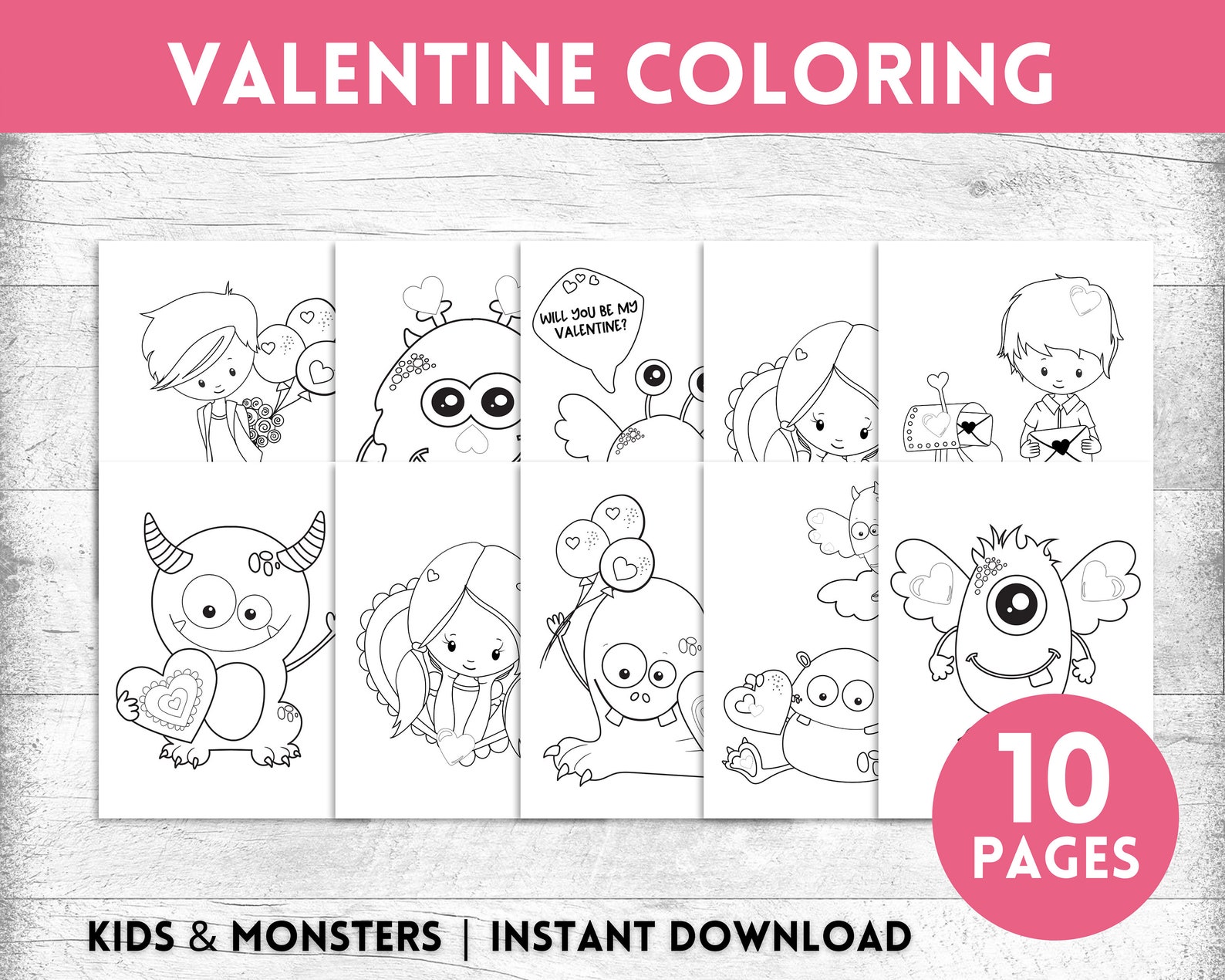 Valentine Coloring Pages, Valentine Kids and Monsters Coloring Sheets ...