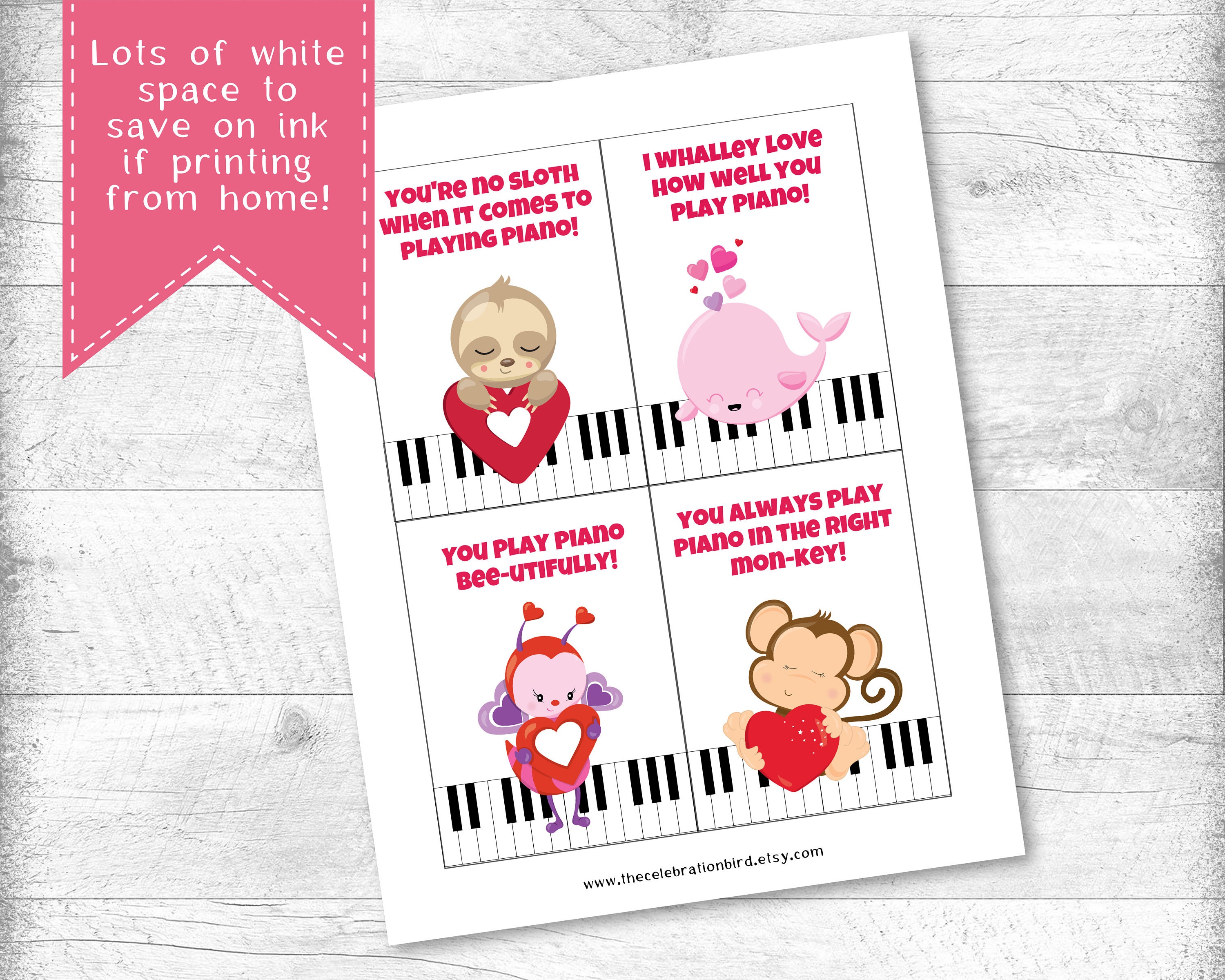 Animal Valentine Cards for Piano Students, Printable Valentines Card ...