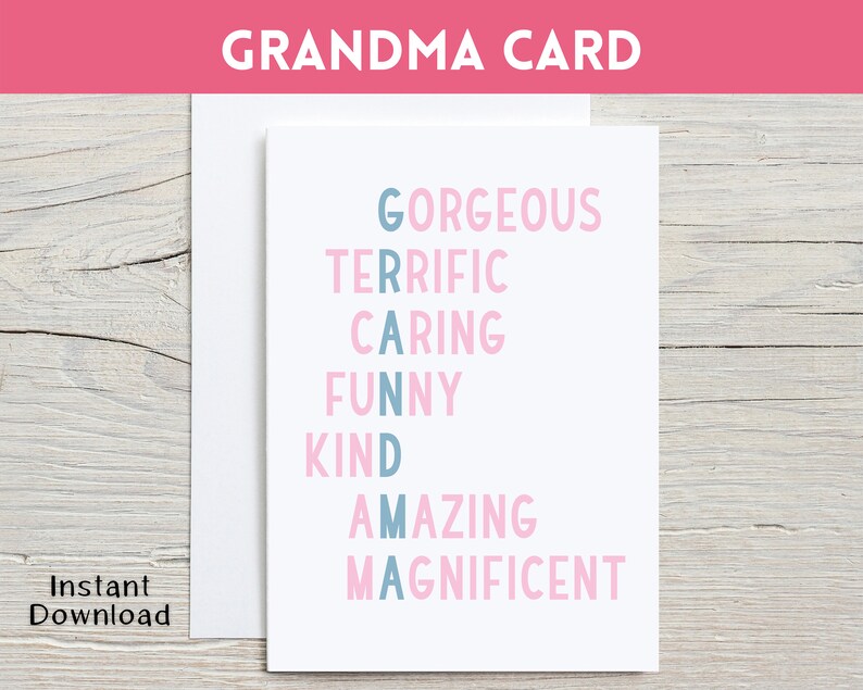 Grandma Mothers Day Card, Grandma Acrostic, Grandma Card Printable ...