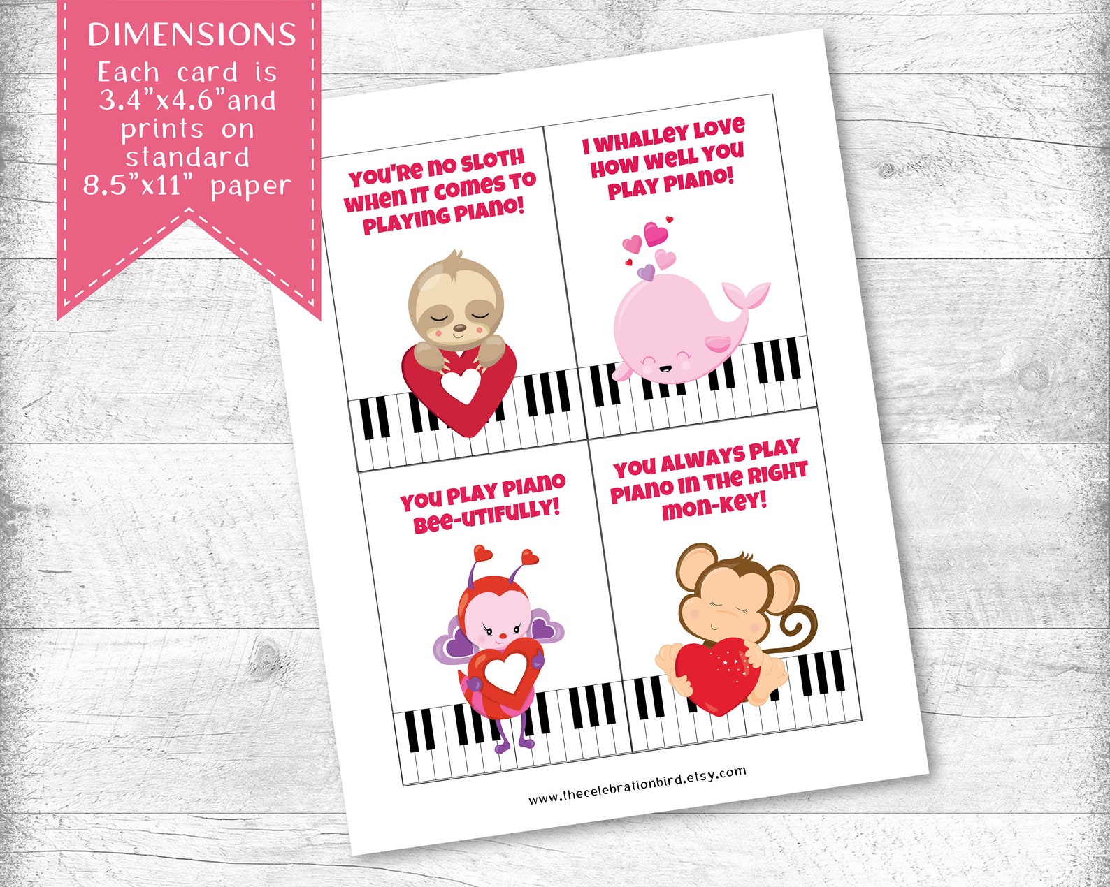 Animal Valentine Cards for Piano Students, Printable Valentines Card ...