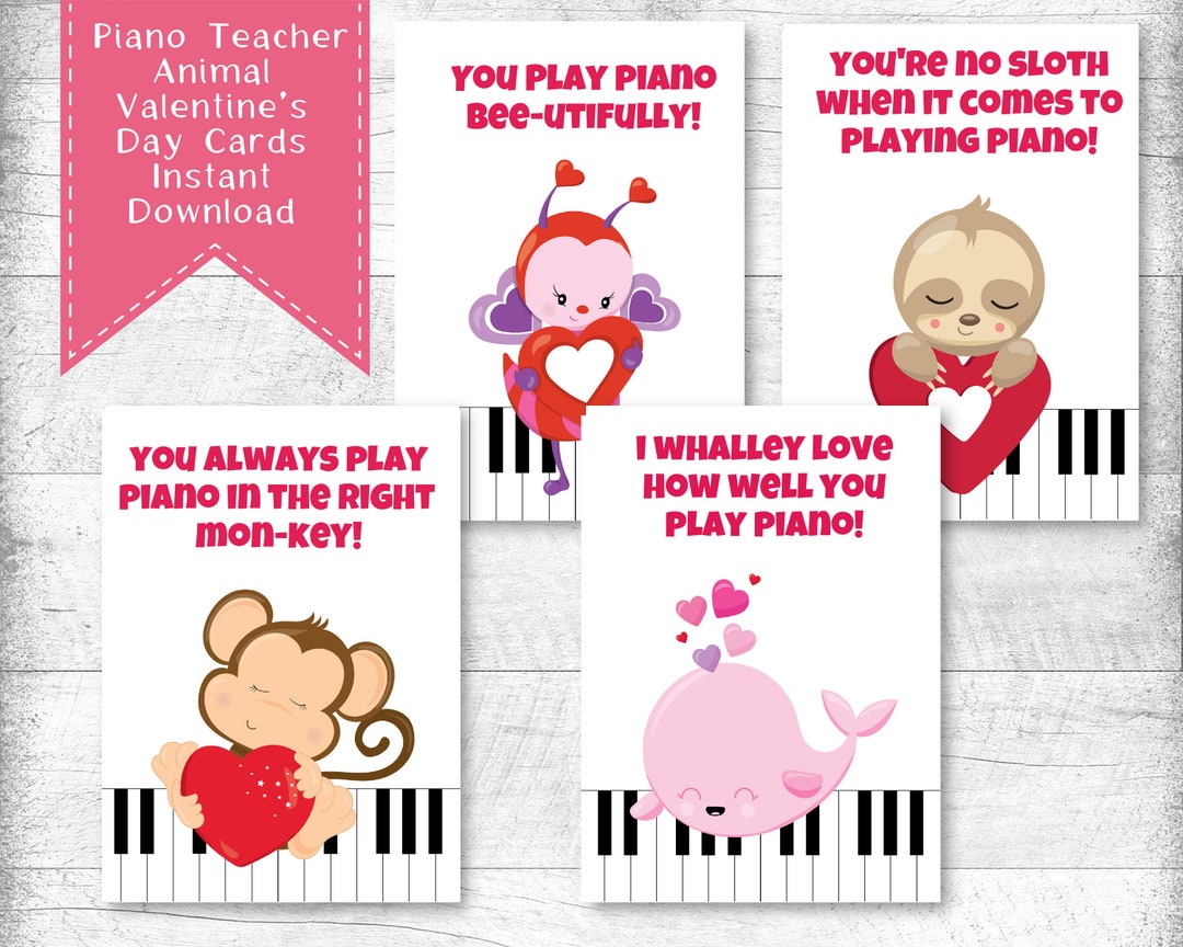 Animal Valentine Cards for Piano Students, Printable Valentines Card ...