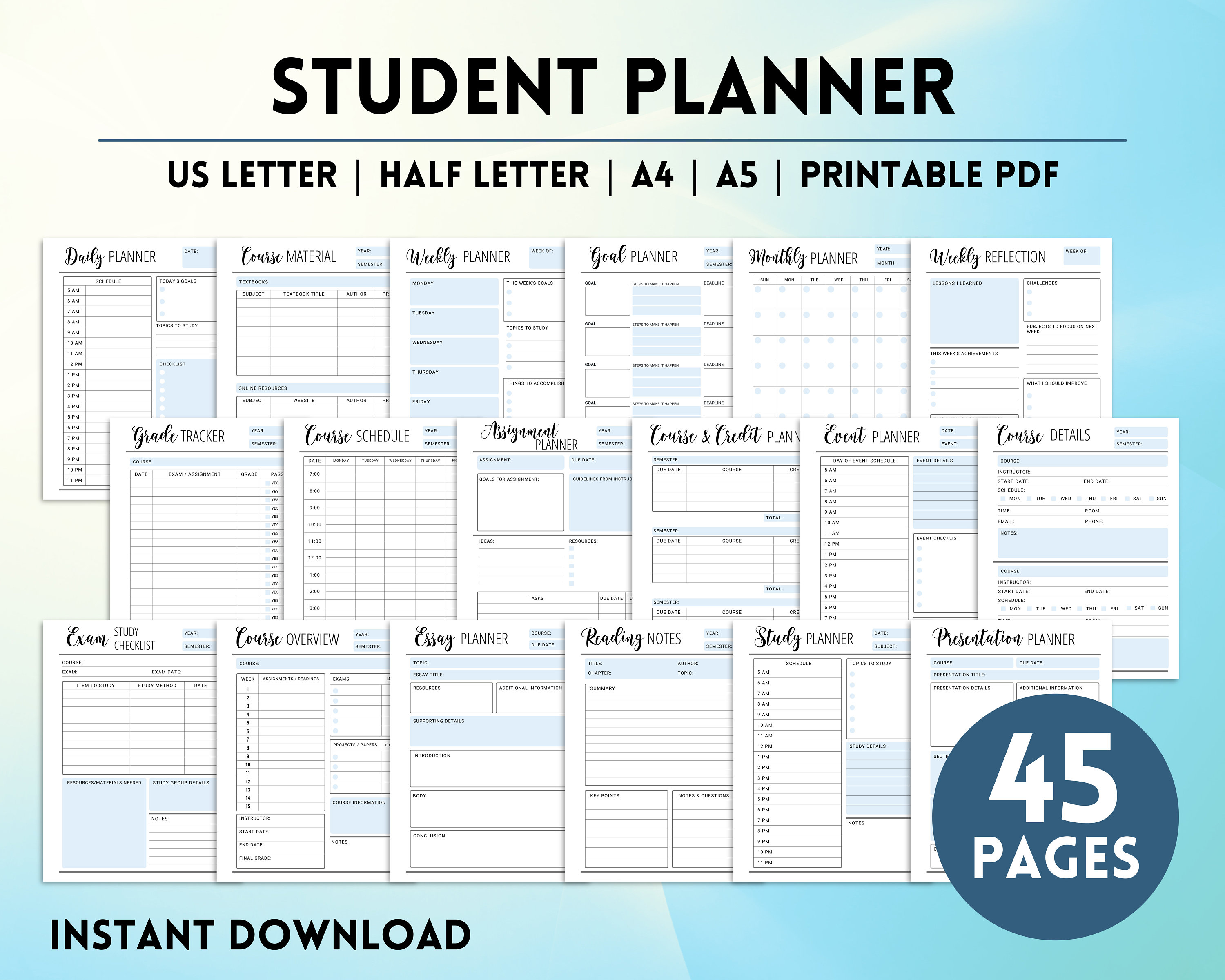 Blue Student Planner, Student Planner Printable, College Student ...