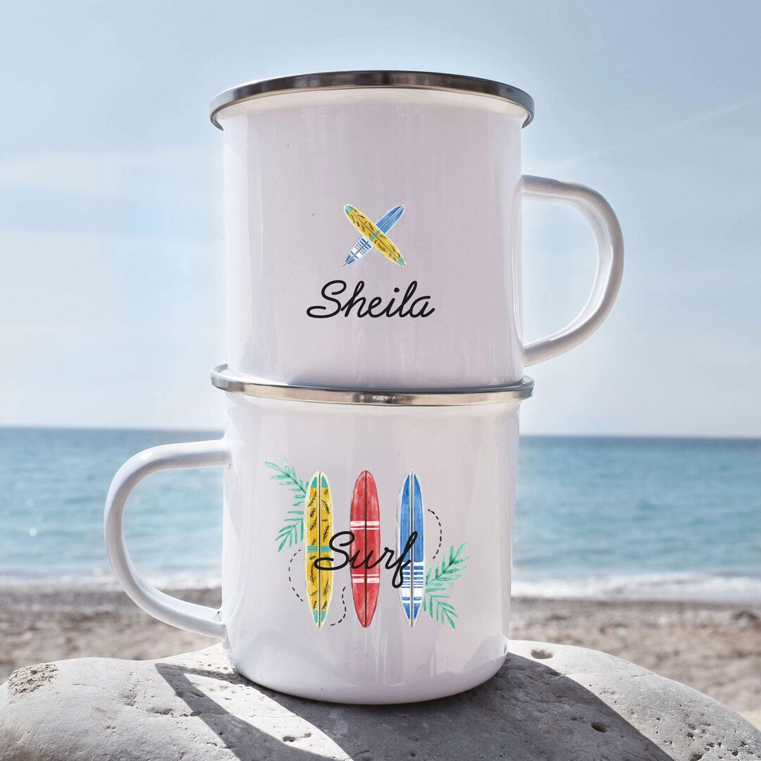 Personalized Surfboard Mug, Custom Name Surfing Mug, Coastal Camper Mug ...