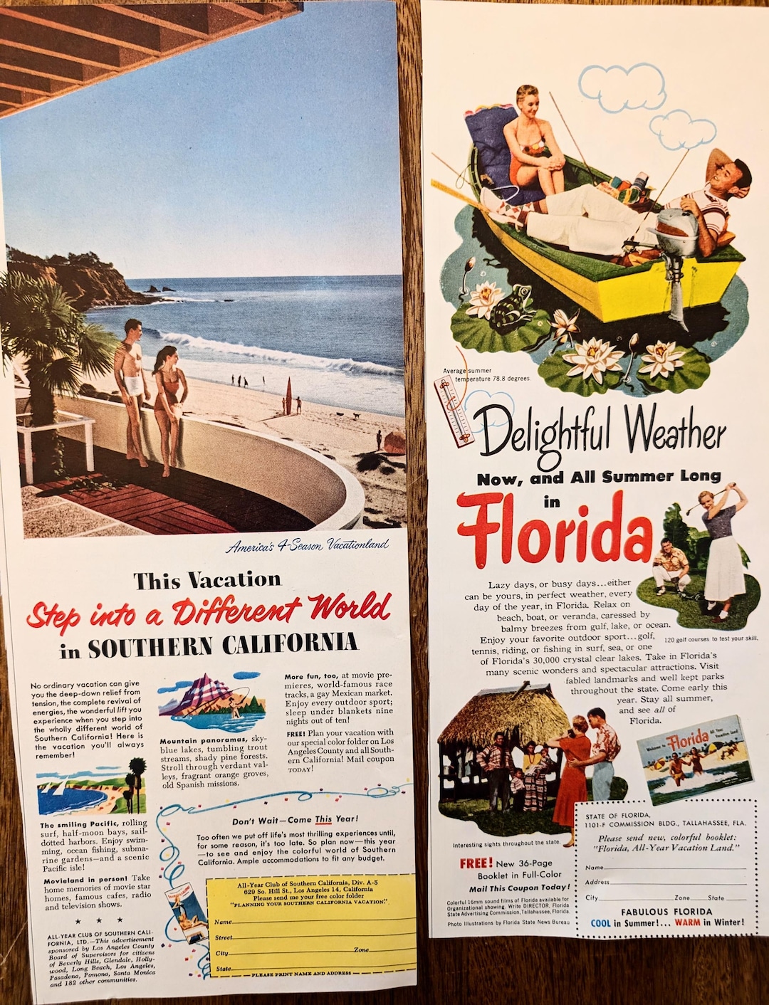 1950s Vintage Travel Ad Prints, Southern California & Florida - Etsy