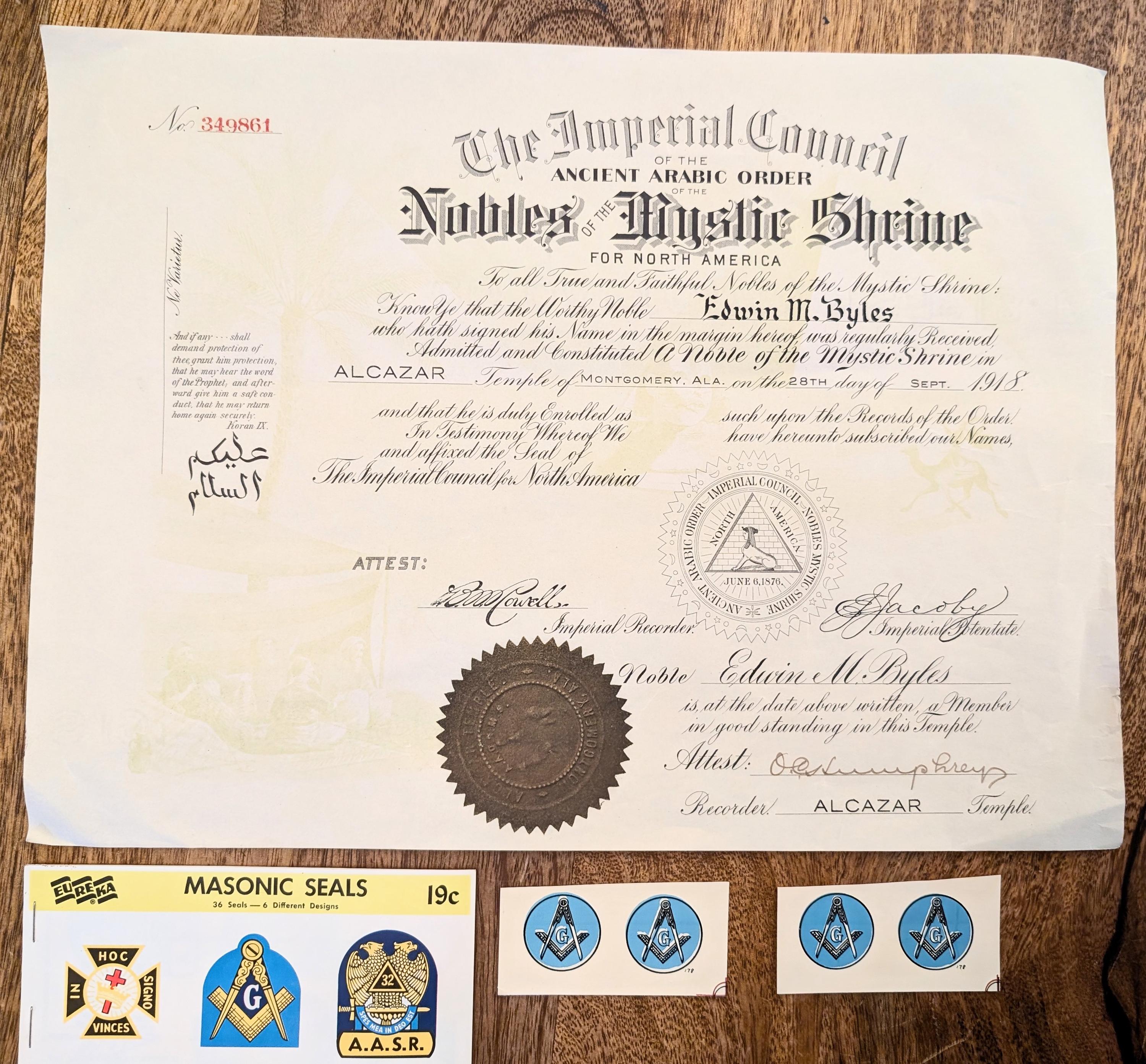 1918, Ancient Arabic Order, Nobles Mystic Shrine, Certificate and Gold ...
