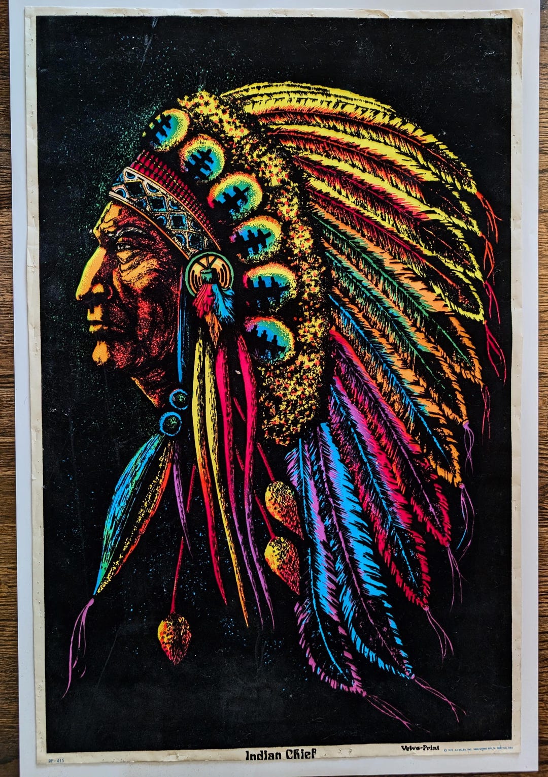 1972, Rare, Vintage Velva-poster, Indian Chief, Velvet Black Light ...