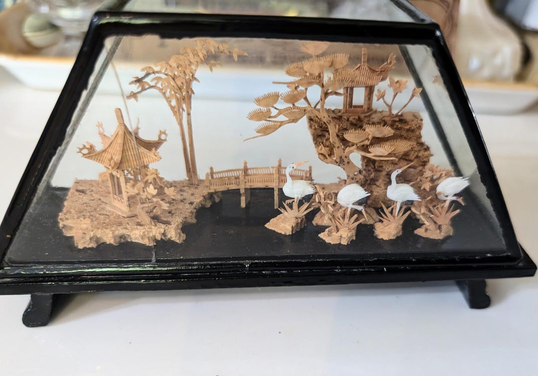 Vintage Chinese, Hand Carved Cork Diorama, Landscape and Pagoda Scenic ...
