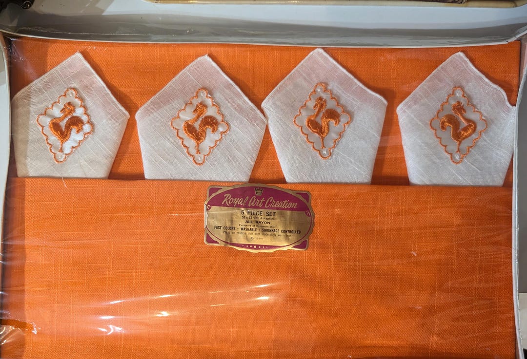 1960s, Five Piece Table Set, 52"x52", Rayon Tablecloth, Vintage Napkins ...