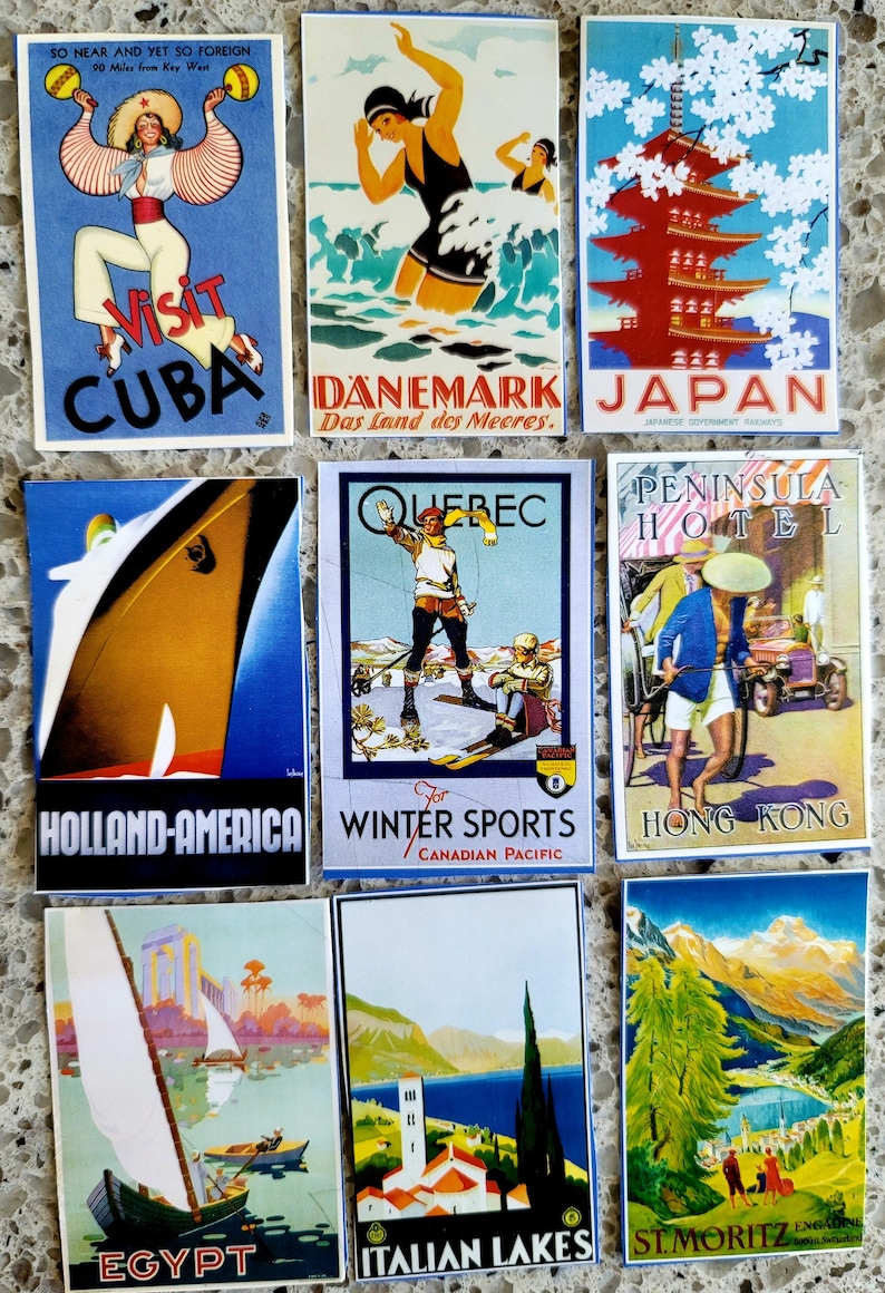 Nine Cardstock Vintage Travel Posters Mini Size, Vintage Scrapbooking ...