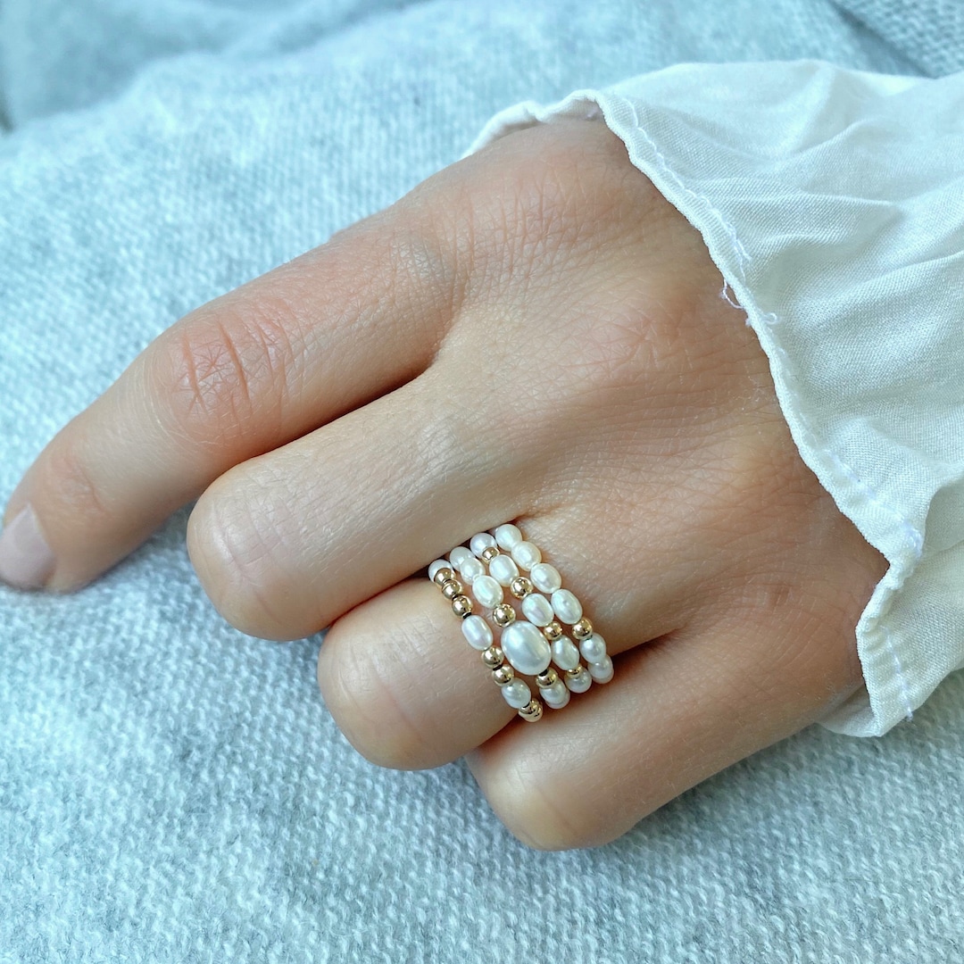 Pearl Rings. Beaded Ring. Gold Filled Rings. Elastic Ring. Stretch Ring ...