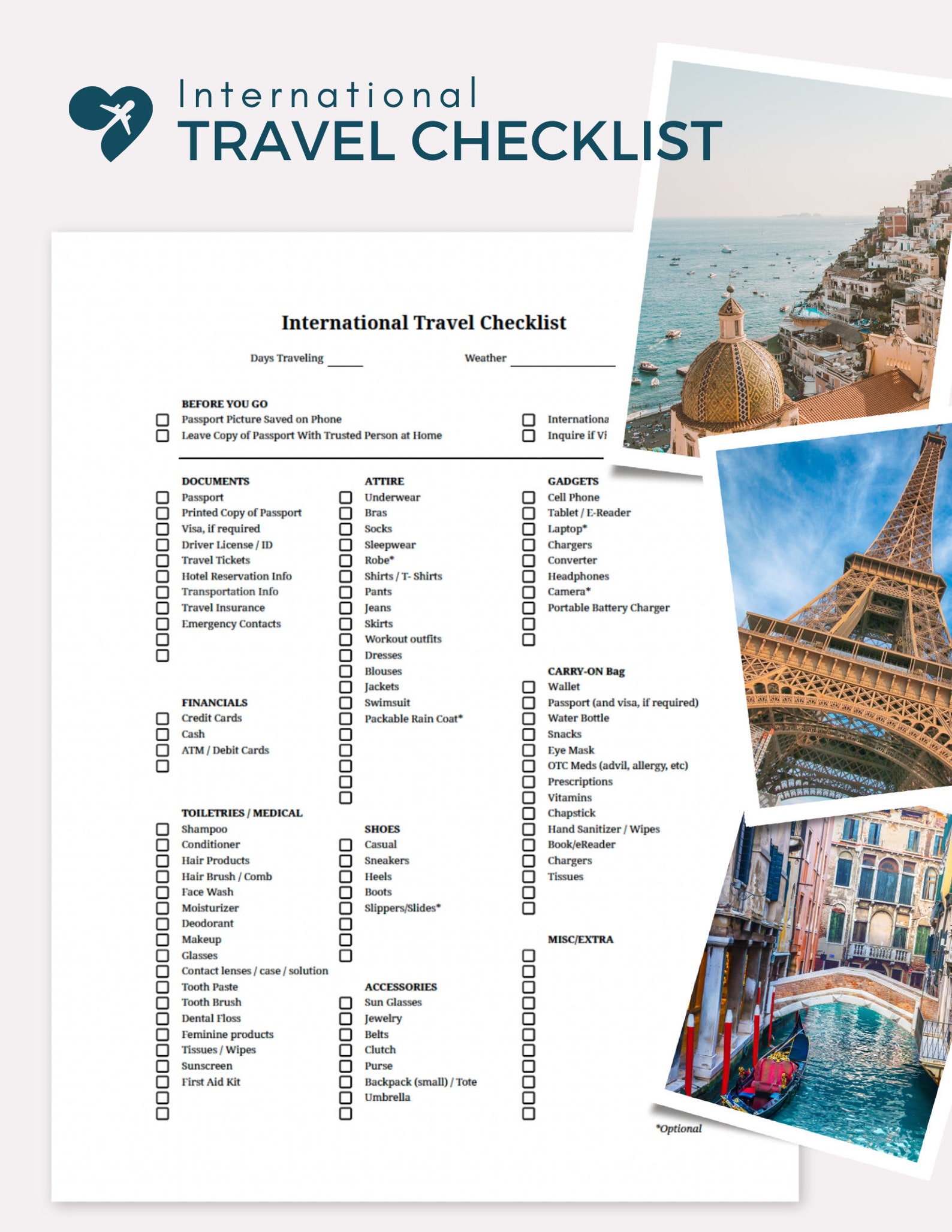 Simple International Travel Checklist for Women • Editable Packing List ...
